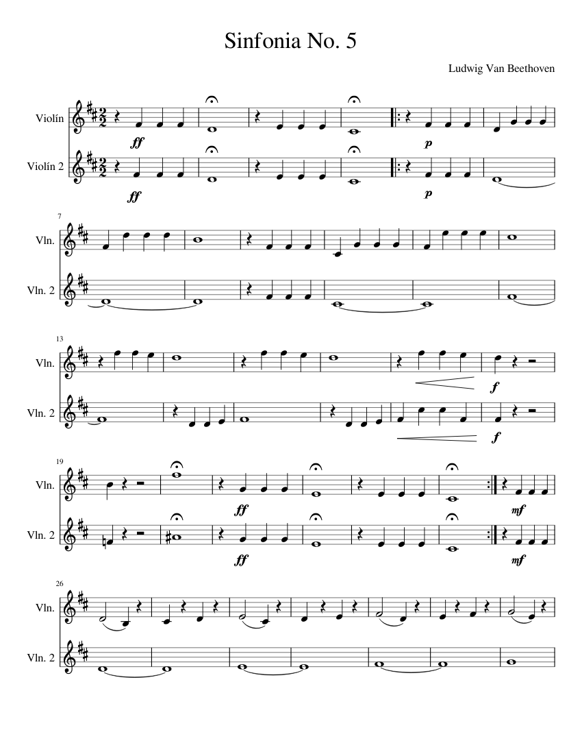 Sinfonia No. 5 Beethoven (Junior String Orchestra) Sheet music for Violin (String Duet ...