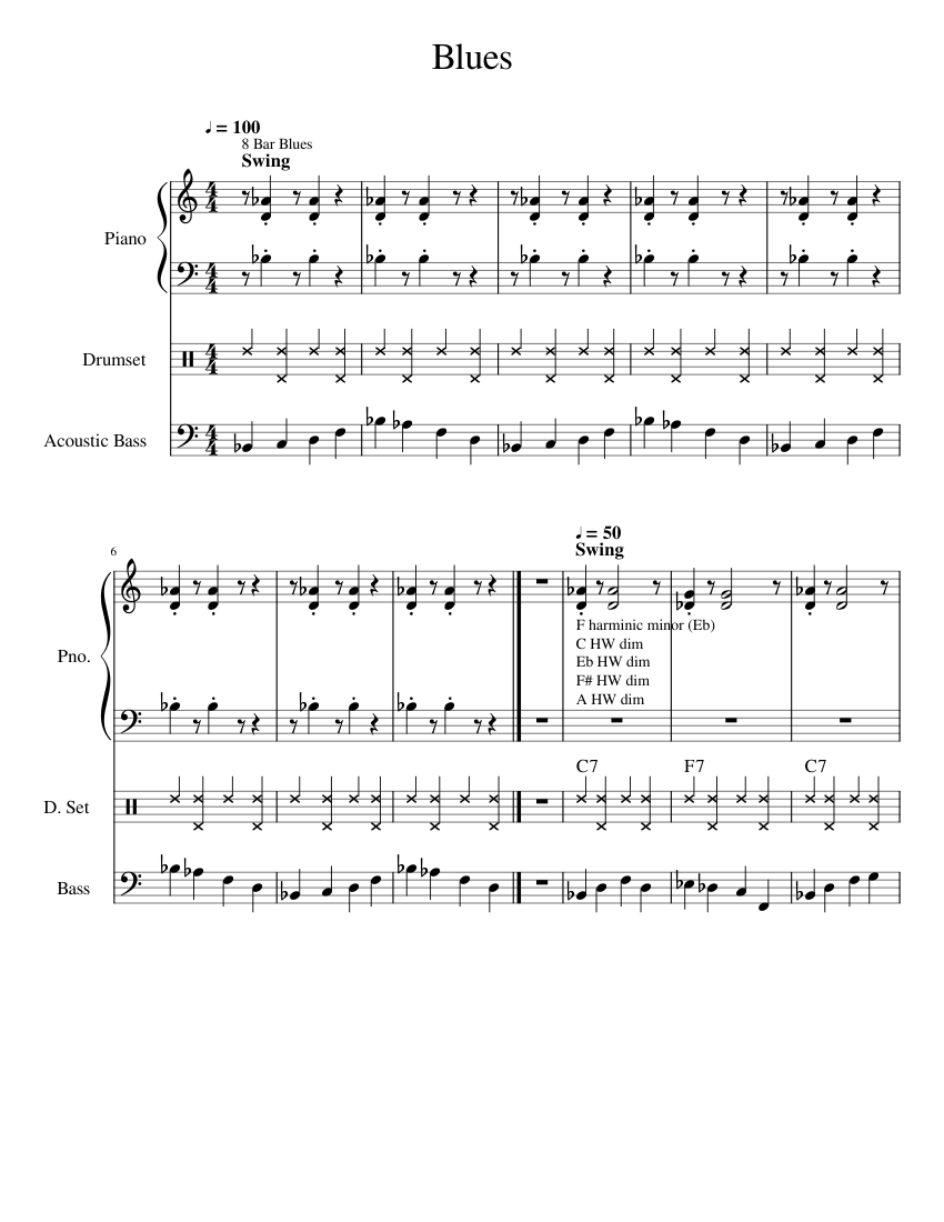 Blues Sheet music for Piano, Bass guitar, Drum group (Mixed Trio ...