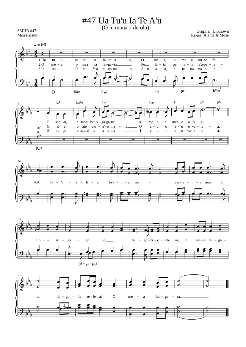 Pese 47 Methodist Samoa Sheet Music with Chords for Piano (SATB ...
