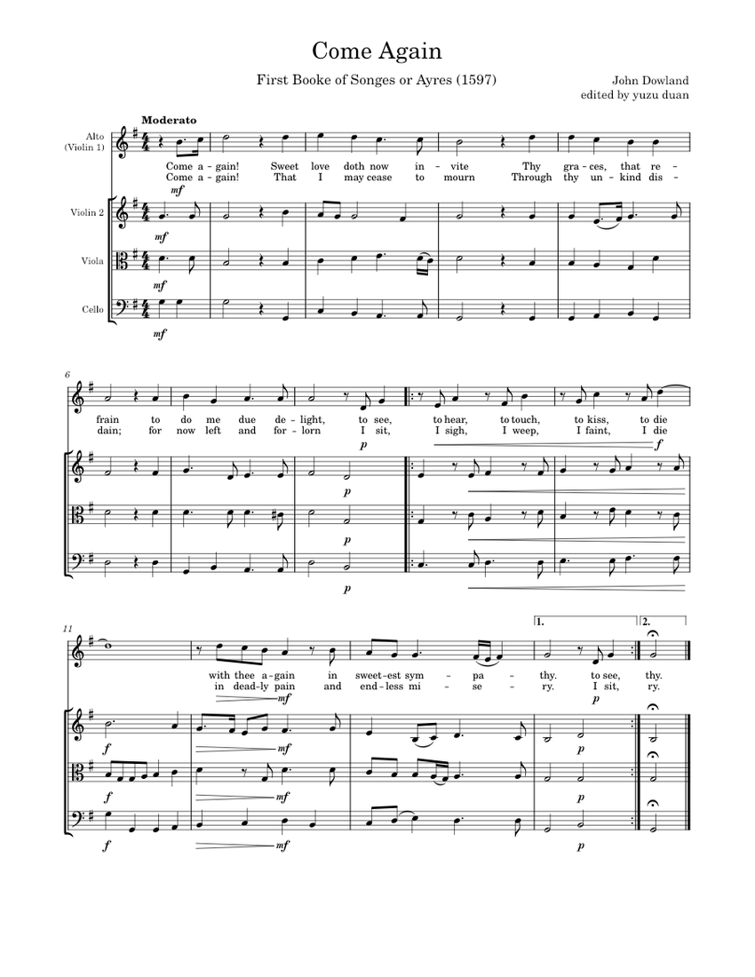 Come Again Sheet music for Alto, Violin, Viola, Cello (String Quartet ...