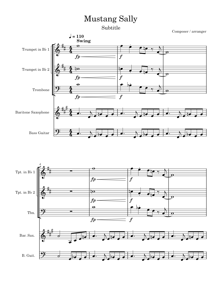 Mustang Sally Sheet Music for Trombone, Saxophone baritone, Bass guitar ...