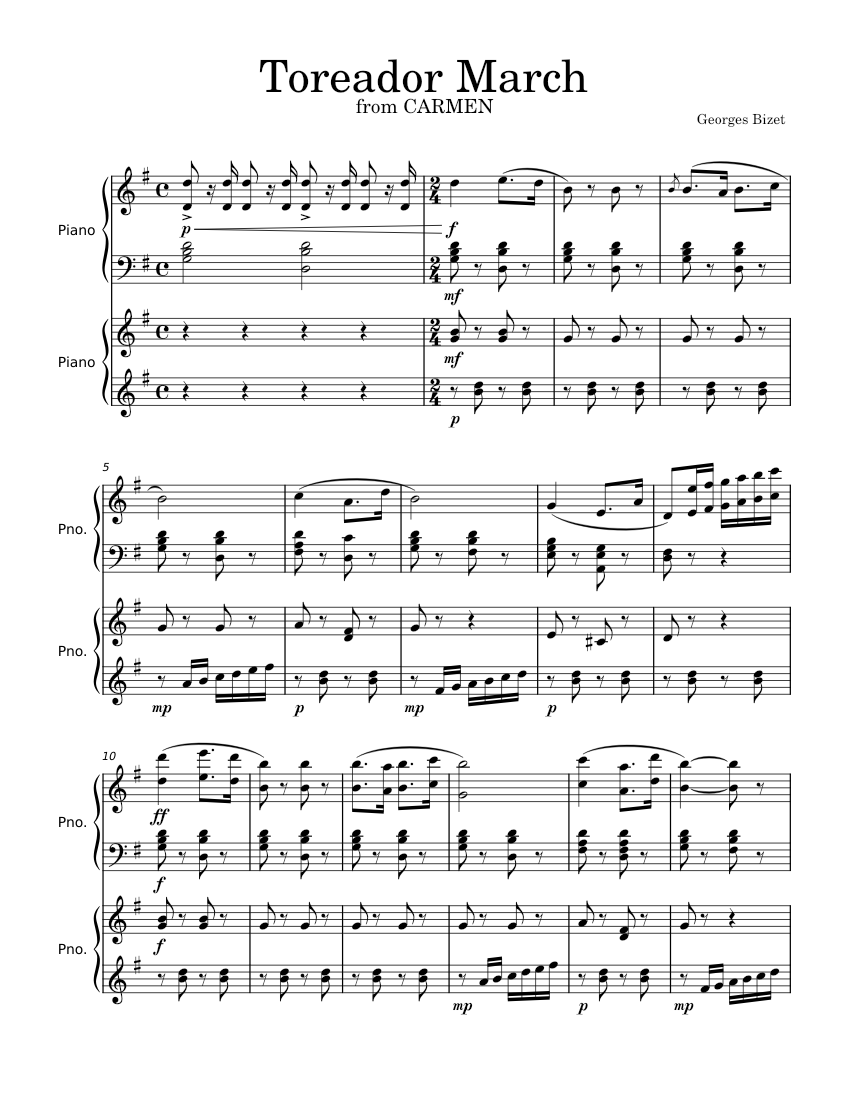 Toreador's March – Georges Bizet Toreador March Sheet music for Piano ...