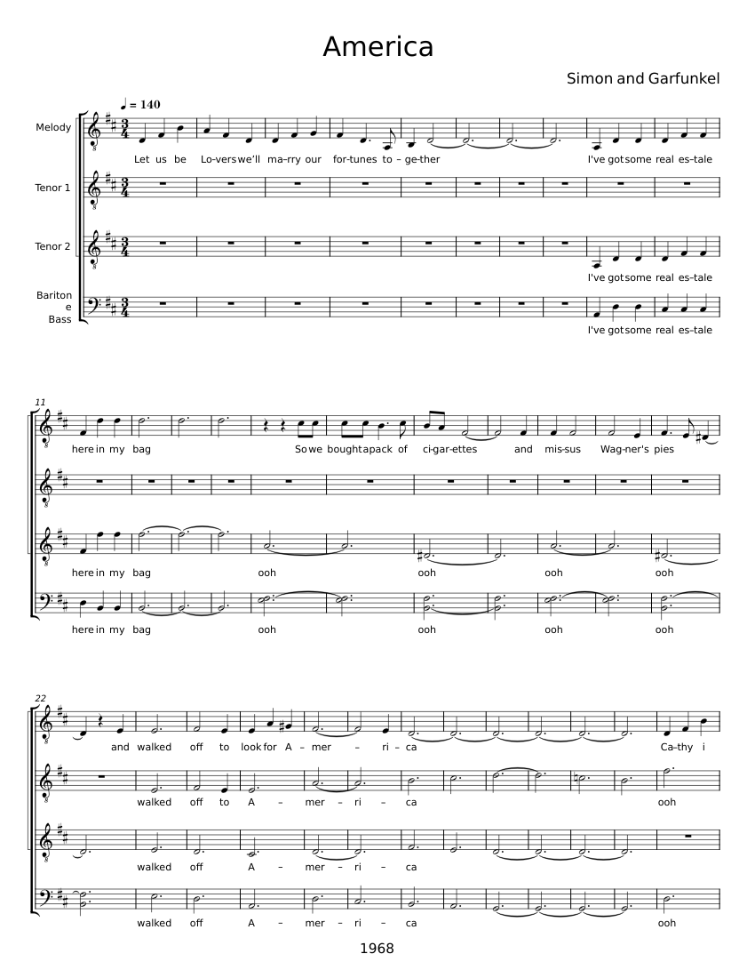 America - Simon and Garfunkel Sheet Music for Synthesizer (Mixed ...