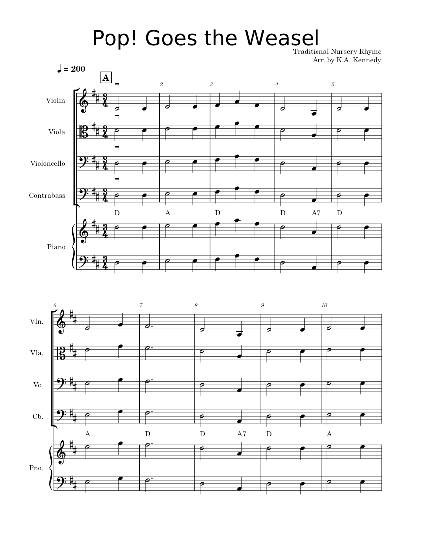 Pop! Goes the Weasel -Arr. by K.A. Kennedy Sheet music for Piano, Contrabass, Violin, Viola ...