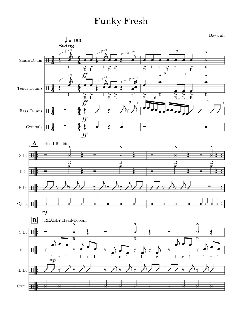 Funky Fresh Sheet music for Snare drum, Crash, Tenor drum, Bass drum ...