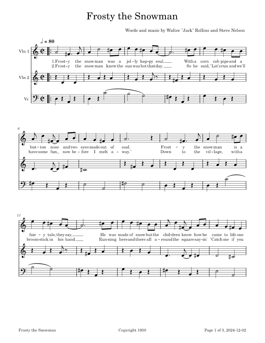Frosty the snowman – Walter Rollins Sheet music for Violin, Cello ...