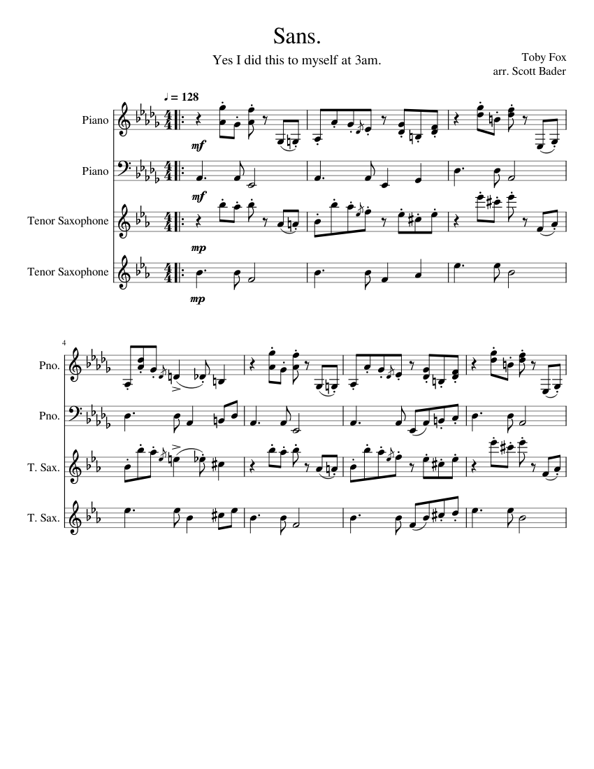 Sans. Sheet music for Piano, Saxophone tenor (Mixed Quartet ...