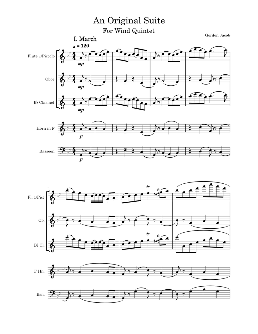 An Original Suite – Gordon Jacob for Wind Quintet Sheet music for Flute, Oboe, Clarinet in b ...