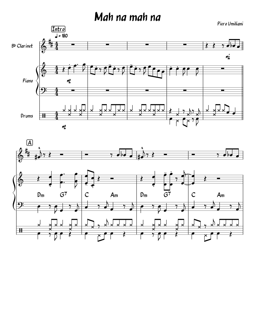 Mah-Na Mah-Na - Umiliani Sheet Music for Piano, Clarinet in b-flat, Drum group (Mixed Trio ...