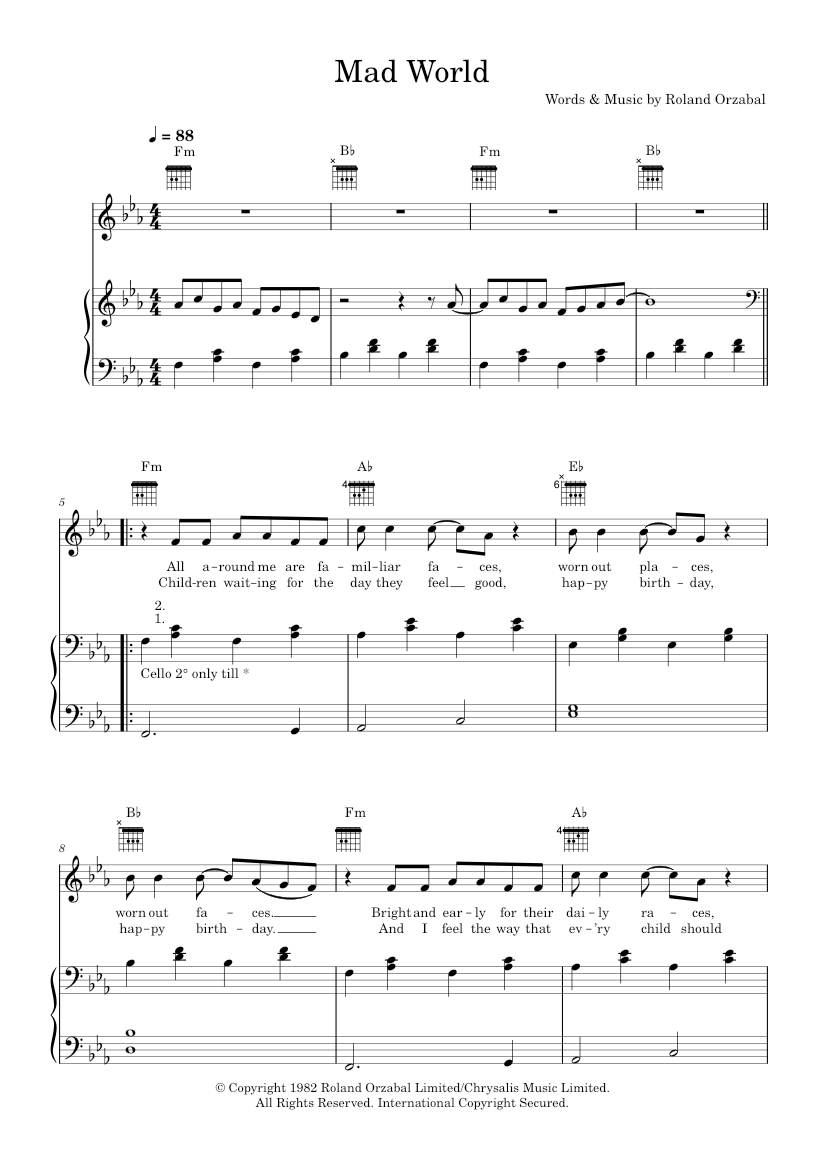 mad world Sheet music for Piano, Vocals by Gary Jules Official | MuseScore.com