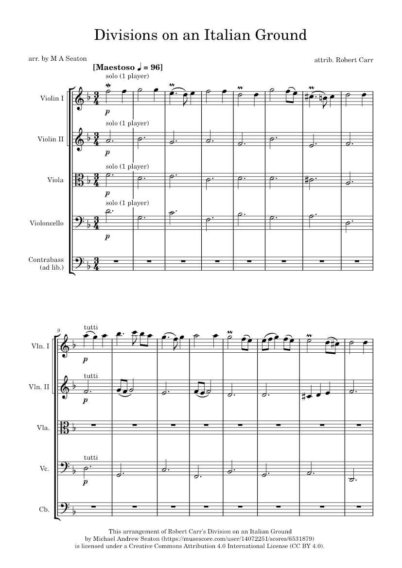 Divisions on an Italian Ground - Robert Carr Sheet Music for Violin ...