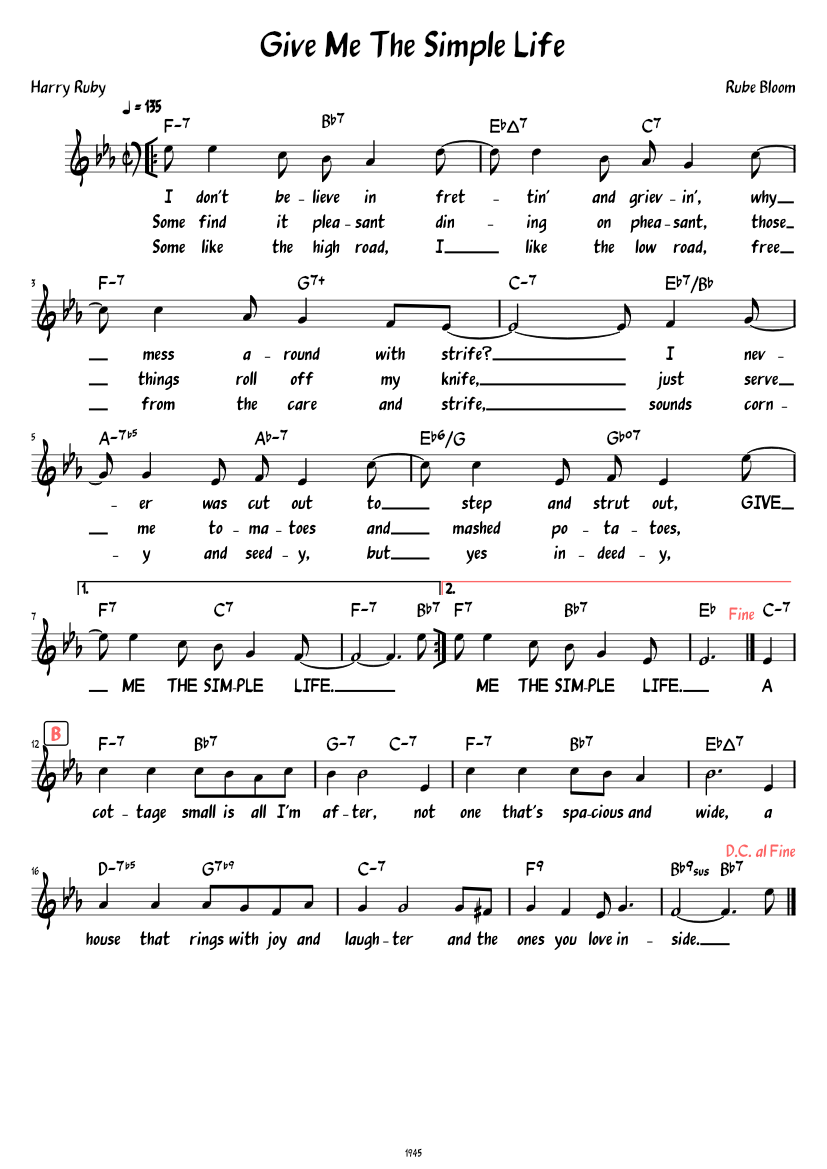 Give Me the Simple Life (Lead sheet with lyrics ) Sheet Music with ...