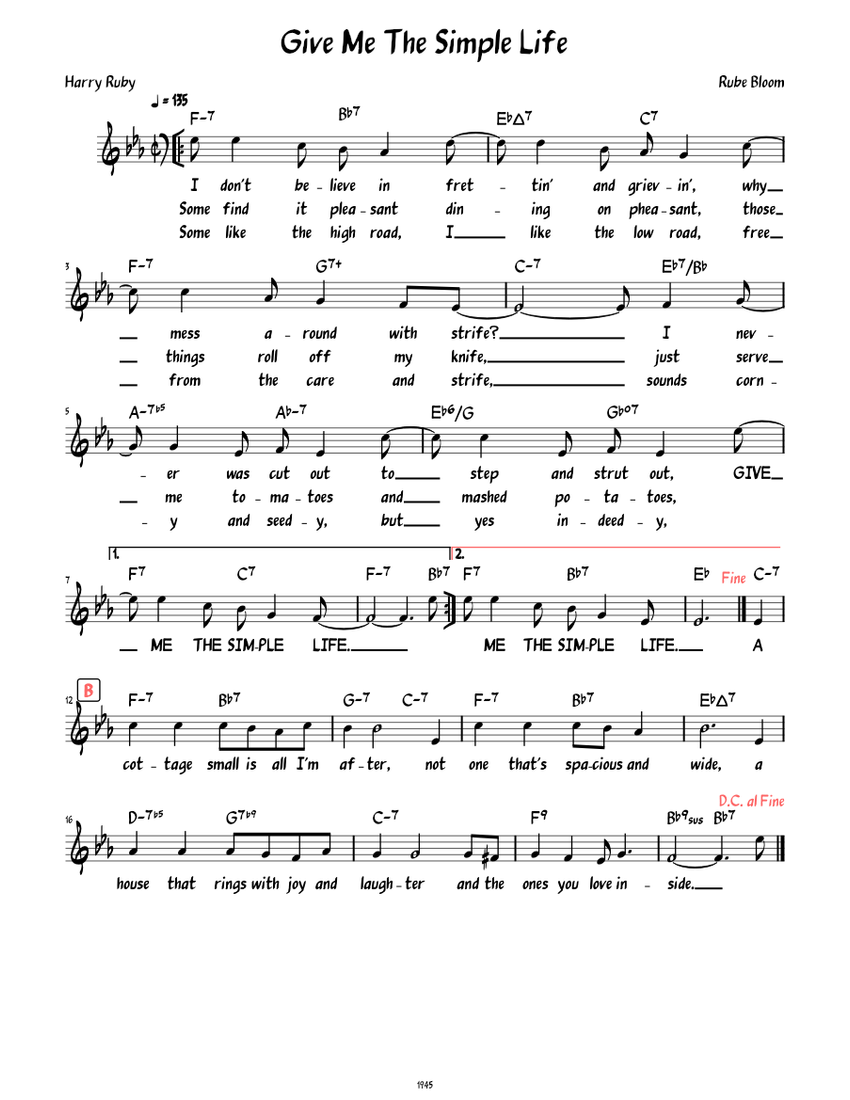Give Me the Simple Life (Lead sheet with lyrics ) Sheet music for Piano ...