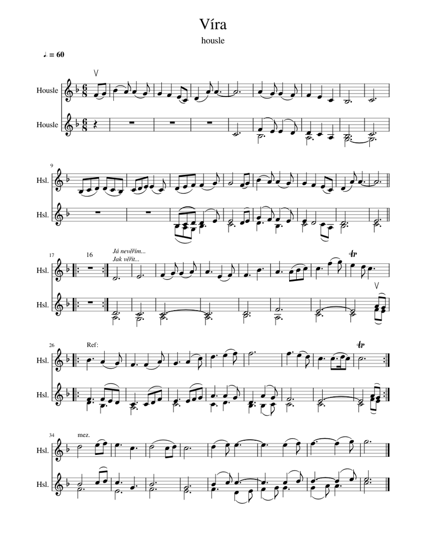 Víra Sheet music for Violin (String Duet) | Musescore.com