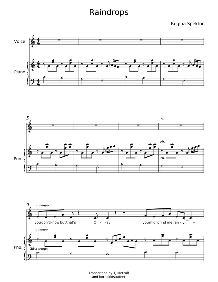 Raindrops - Regina Spektor Sheet Music for Piano, Vocals (Mixed Trio ...