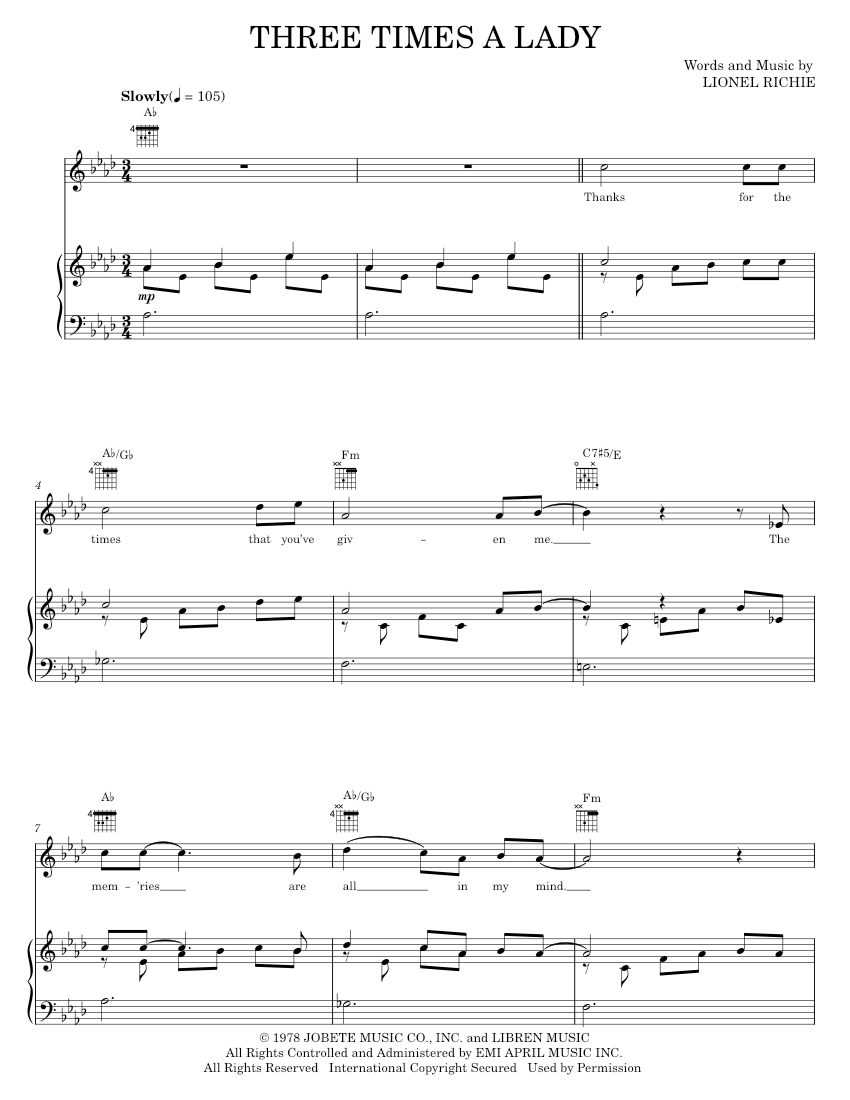 three times a lady Sheet music for Piano, Vocals by Commodores Official ...