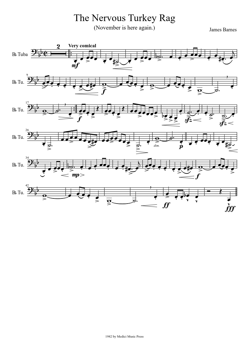 The Nervous Turkey Rag. Lvl 3 Solo Sheet Music for Tuba (Solo ...