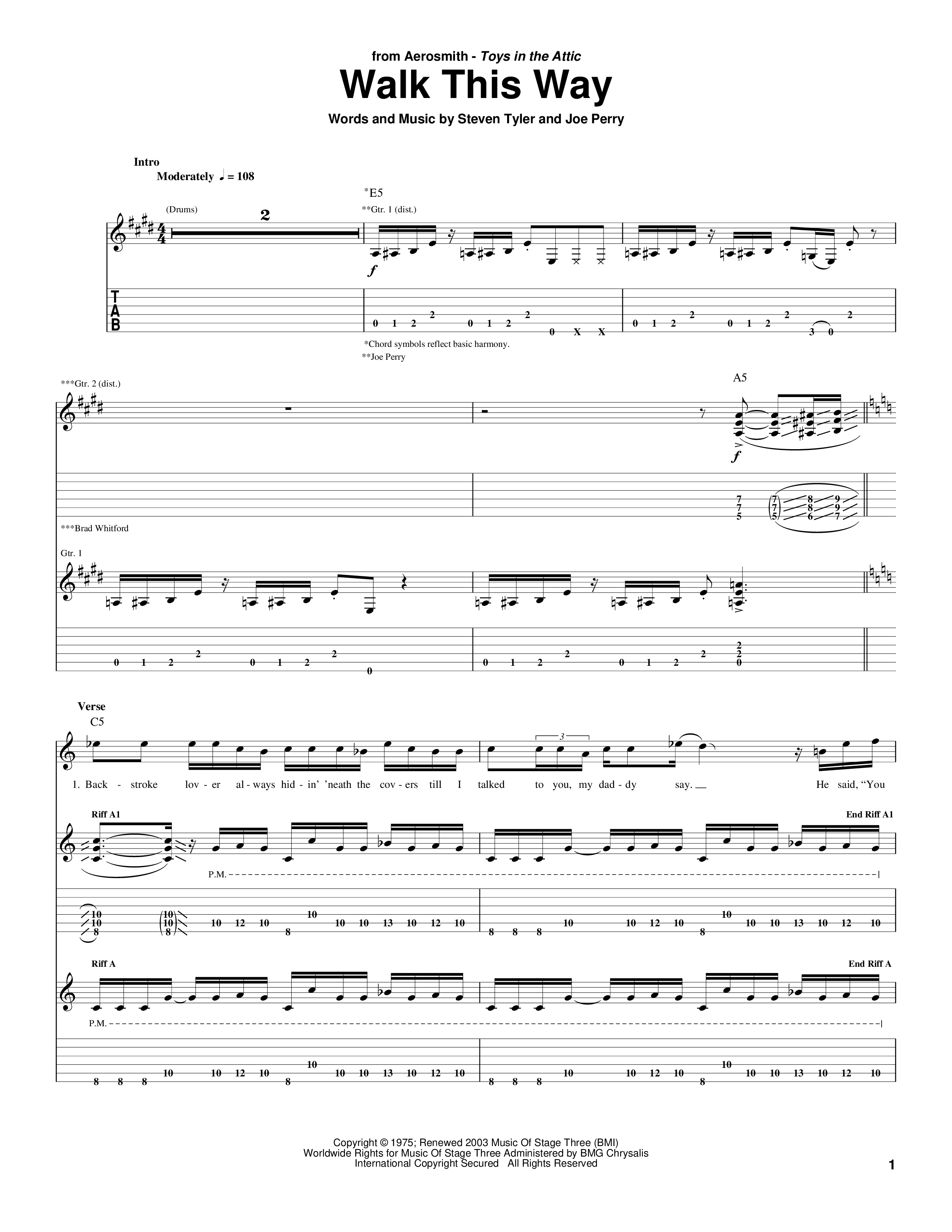 Play Official version of Walk this way sheet music by Aerosmith for Guitar | MuseScore.com