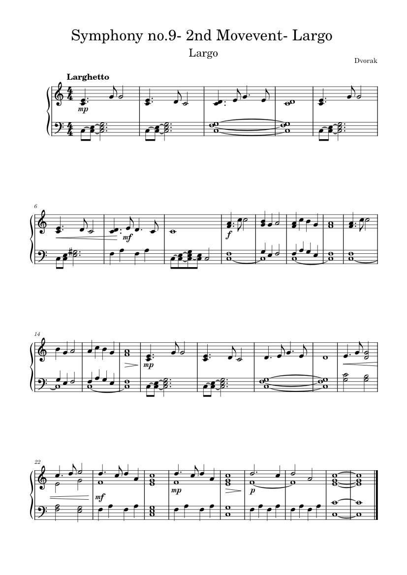 Largo from the New World Symphony – Antonín Dvořák Symphony no.9- 2nd Movevent- Largo Sheet ...