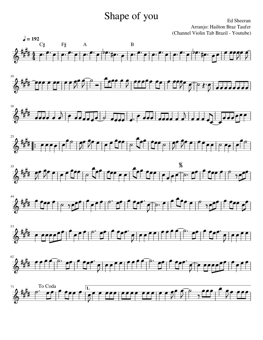 Shape of you – Ed Sheeran (Channel Violin Tab Brazil - Youtube) Sheet ...