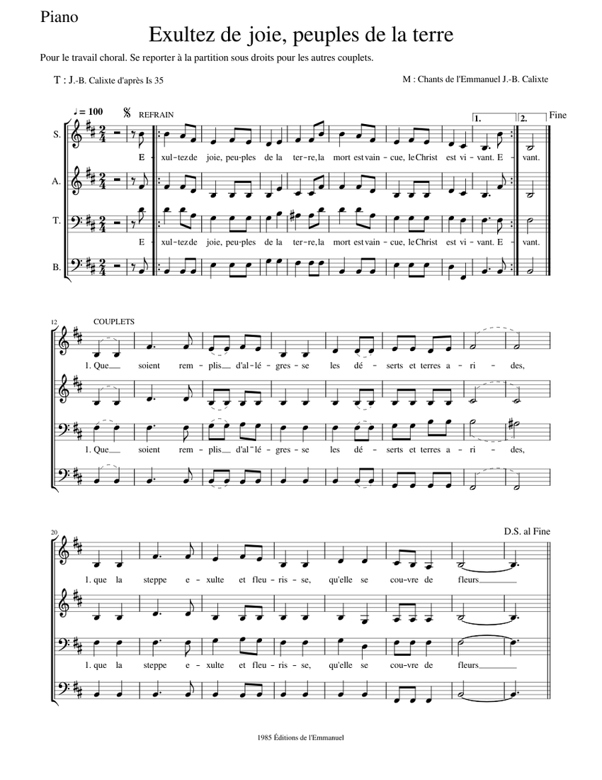 Exultez de joie, peuples de la terre Sheet music for Piano (Mixed ...