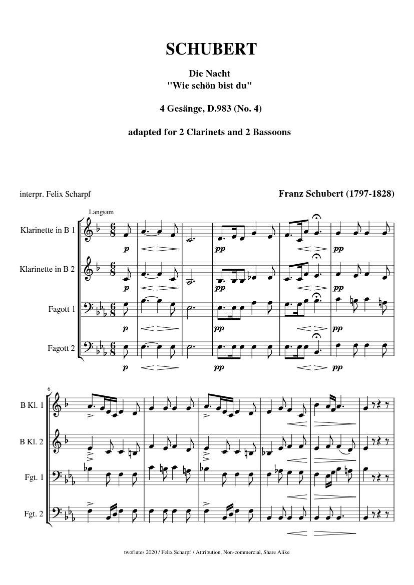 Schubert, Franz - Die Nacht (D. 983, No. 4) arr. for 2 Clarinets & 2 ...
