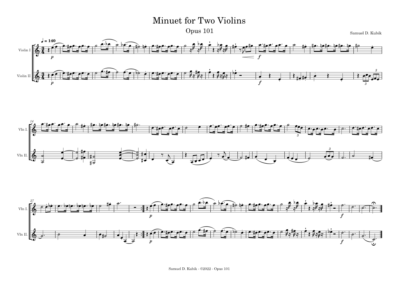 Minuet for Two Violins - Opus 101 Sheet music for Violin (String Duet ...