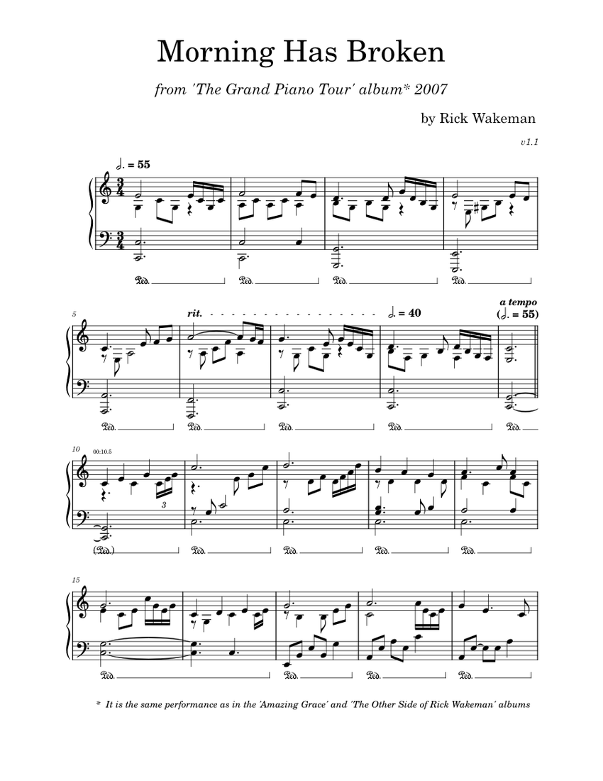 Morning Has Broken – Rick Wakeman (2007 performance; V1.1) Sheet music for Piano (Solo ...