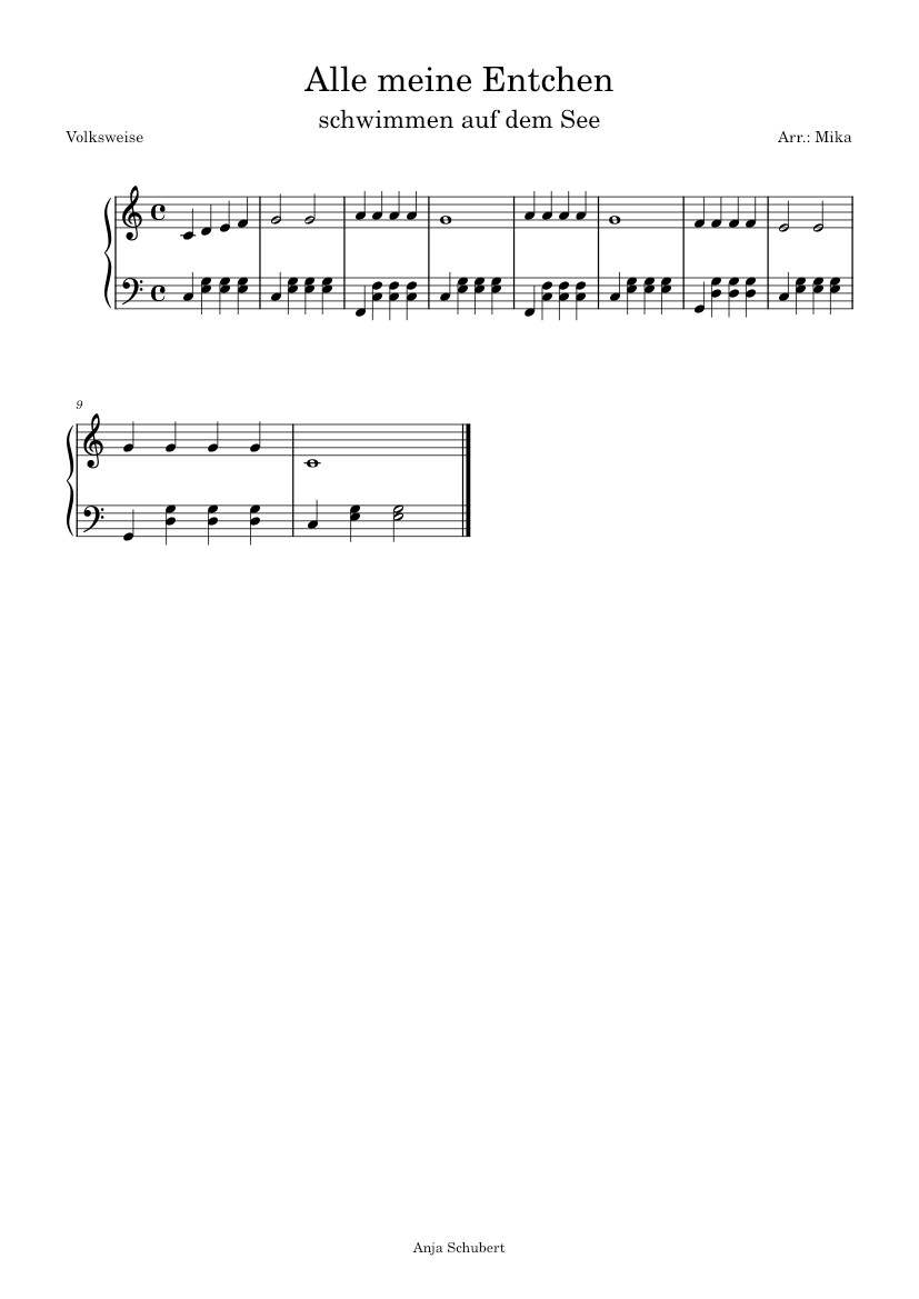 Alle meine Entchen – Volksweise Alle meine Entchen - Easy Piano Sheet ...