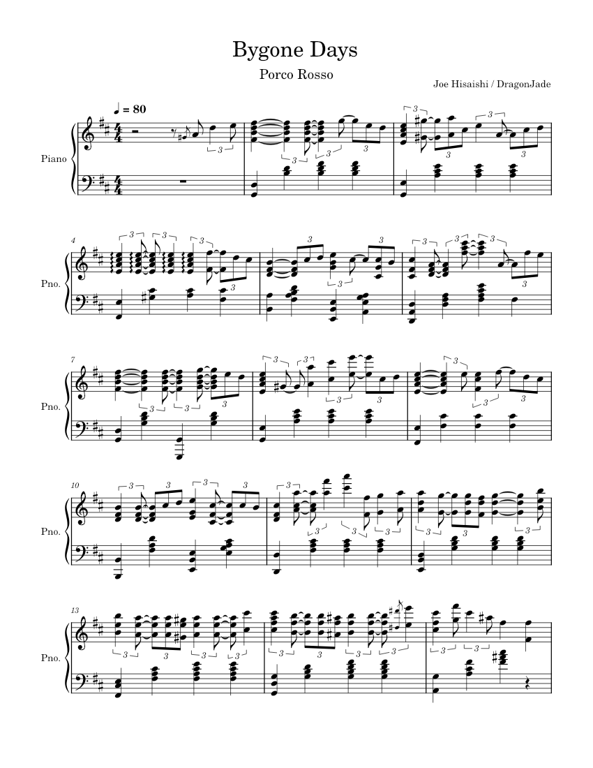 Bygone Days (Porco Rosso) - Joe Hisaishi Sheet Music for Piano (Solo ...