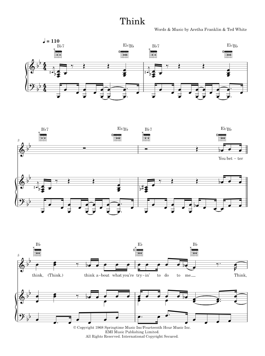 Play Official version of Think sheet music by Aretha Franklin for Piano ...