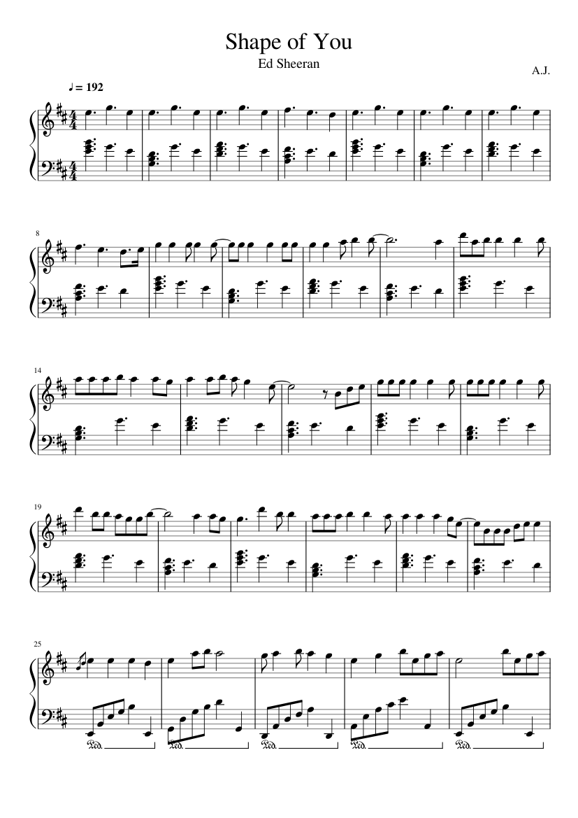 Shape of You - Piano Cover by aj Sheet music for Piano (Solo ...