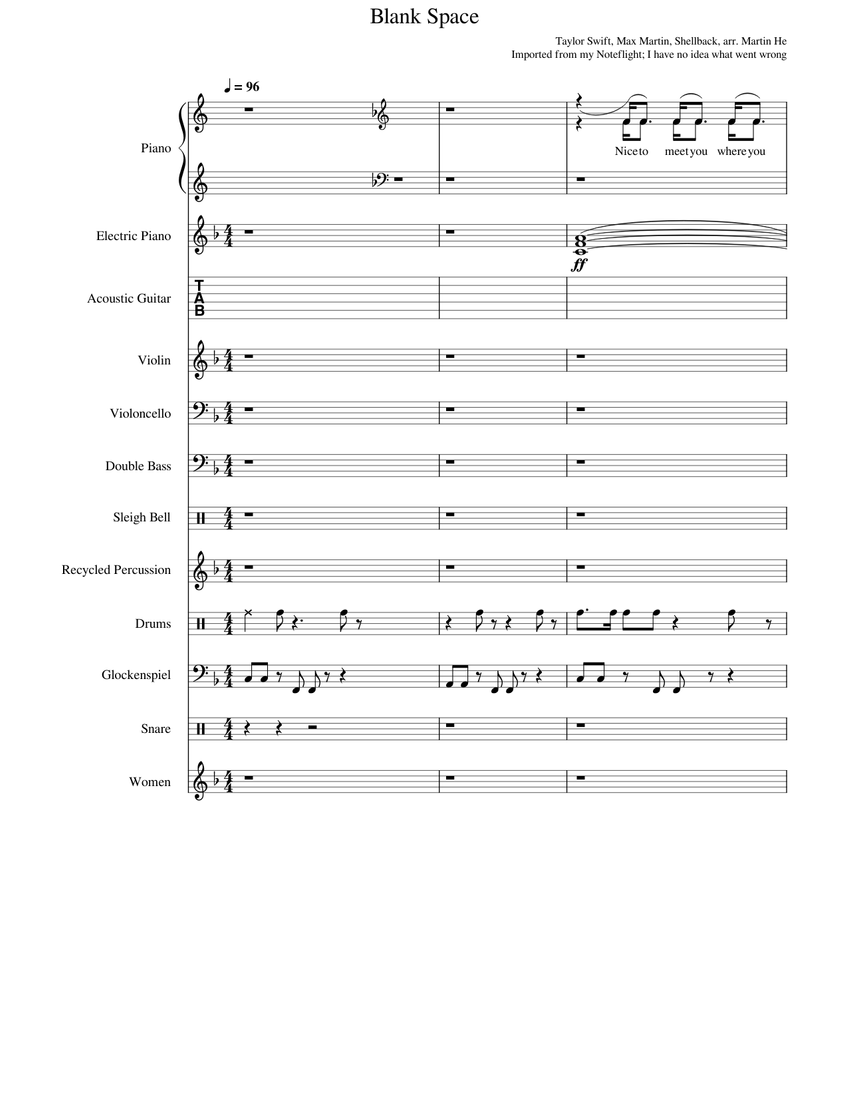 Blank Space - Taylor Swift Sheet music for Piano, Vocals, Glockenspiel ...