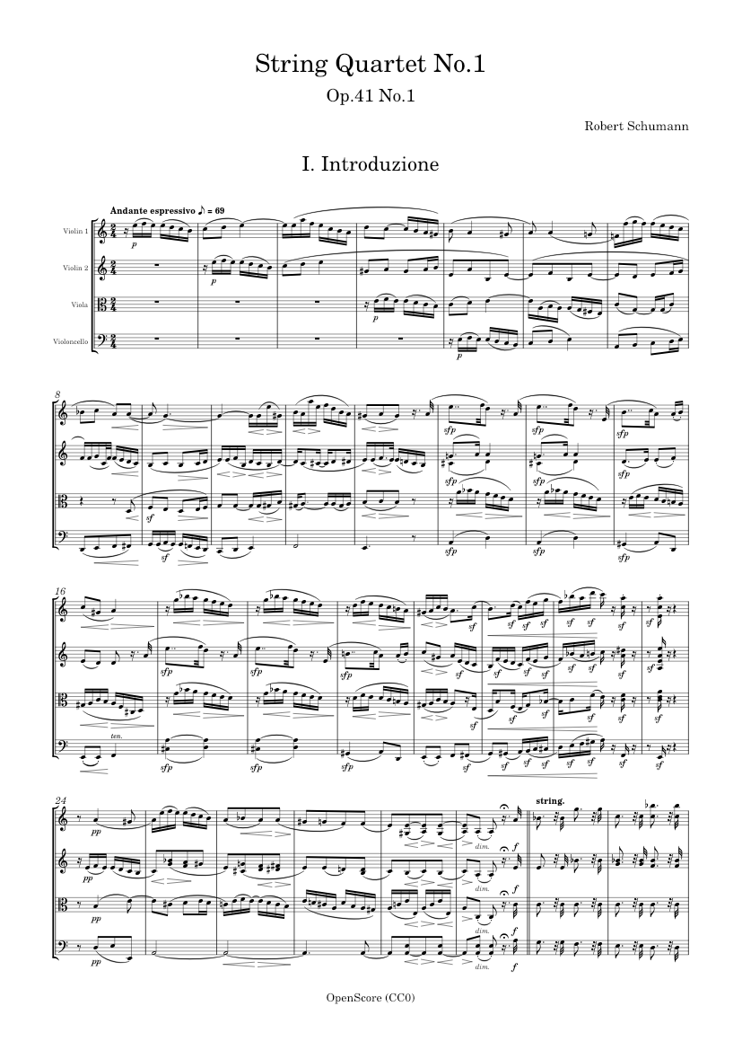 String Quartet No.1, Op.41 No.1 – Robert Schumann Sheet music for Violin, Viola, Cello (String ...