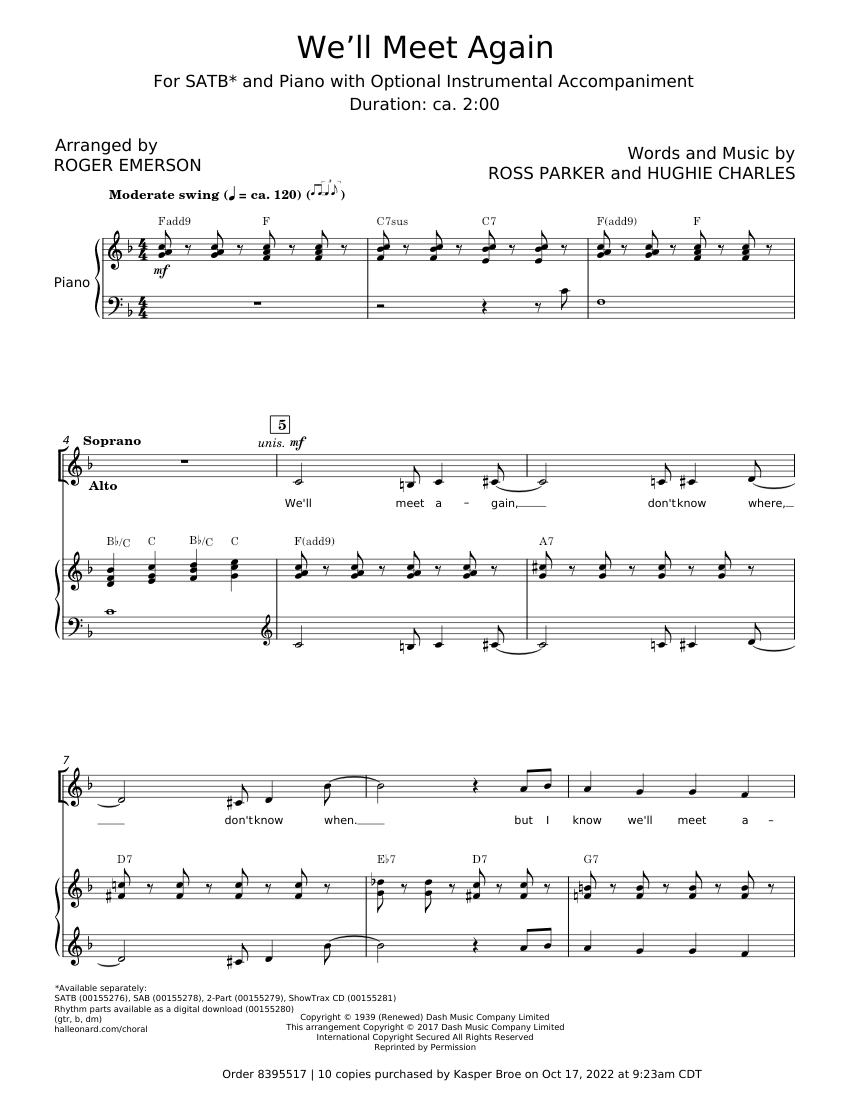 We'll Meet Again - Ross Parker and Hughie Charles Sheet music for Piano ...