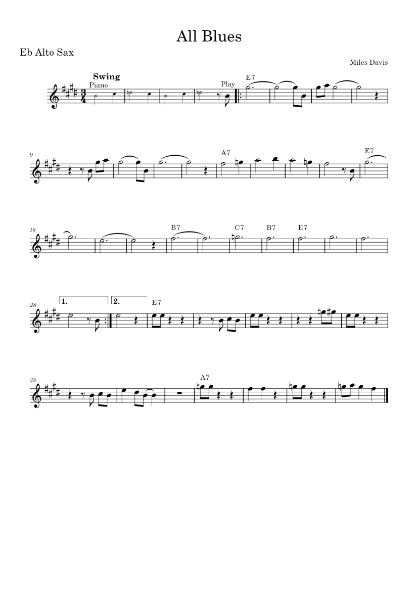 All Blues – John Coltrane, Miles Davis Eb Alto Sax Transcription Sheet ...