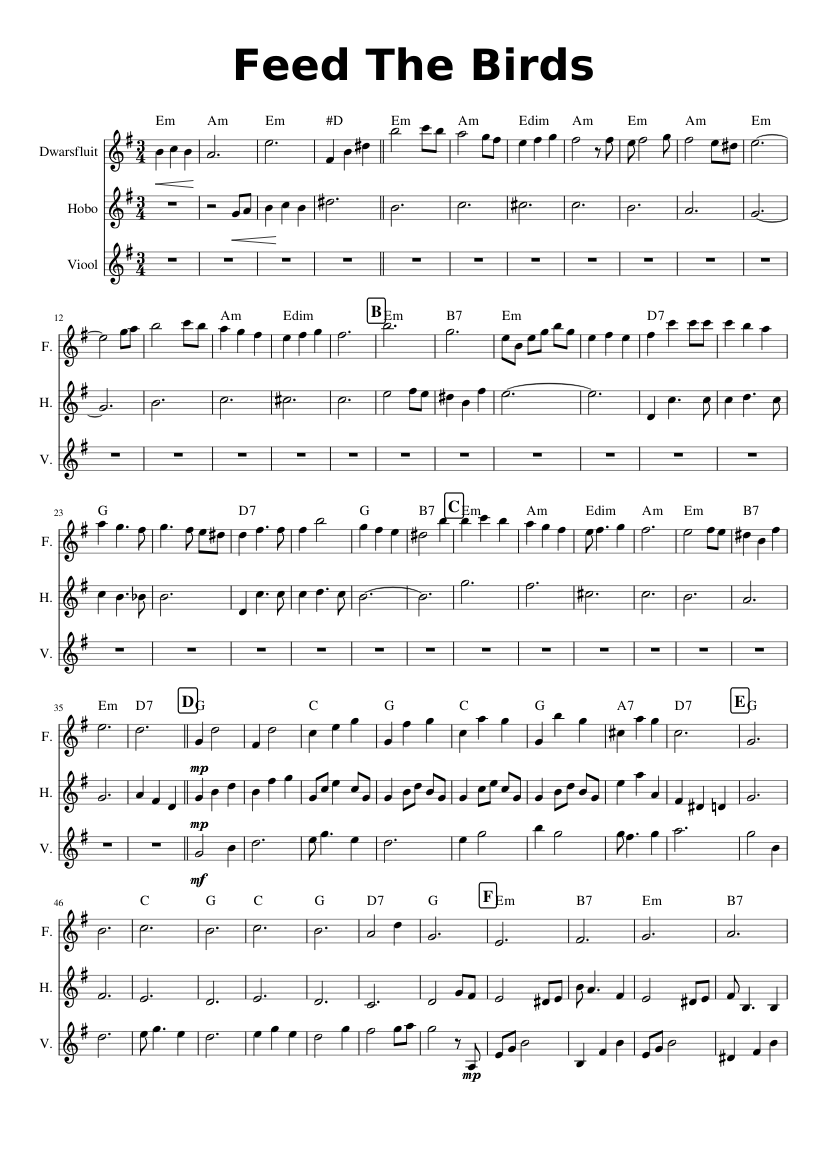 Feed The Birds (tuppence a bag), Mary Poppins Sheet music for Flute ...