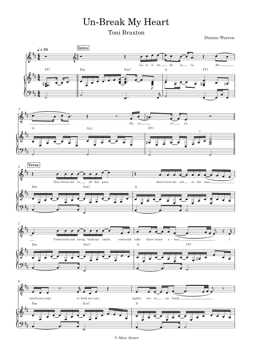 Un-Break My Heart - Toni Braxton Sheet Music with Chords for Piano, Synthesizer (Mixed Duet ...