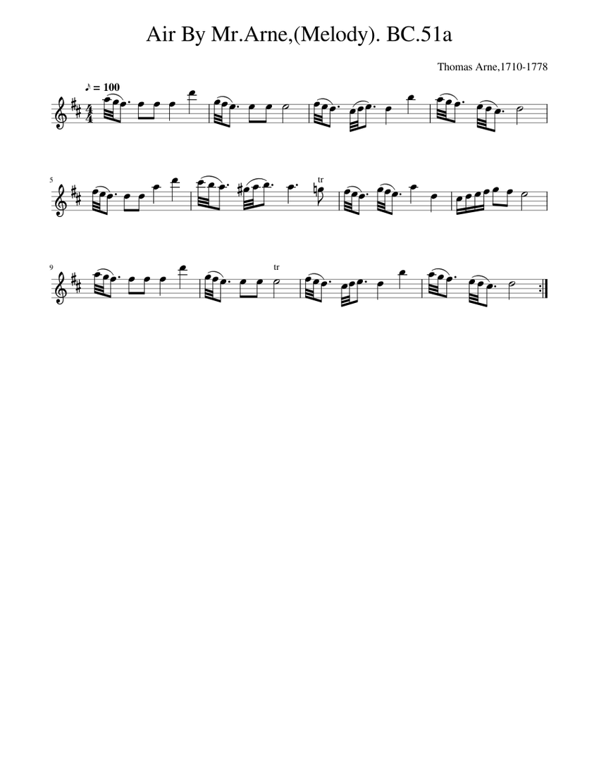 Air By Mr.Arne,(Melody). BC.51a Sheet music for Piano (Solo ...