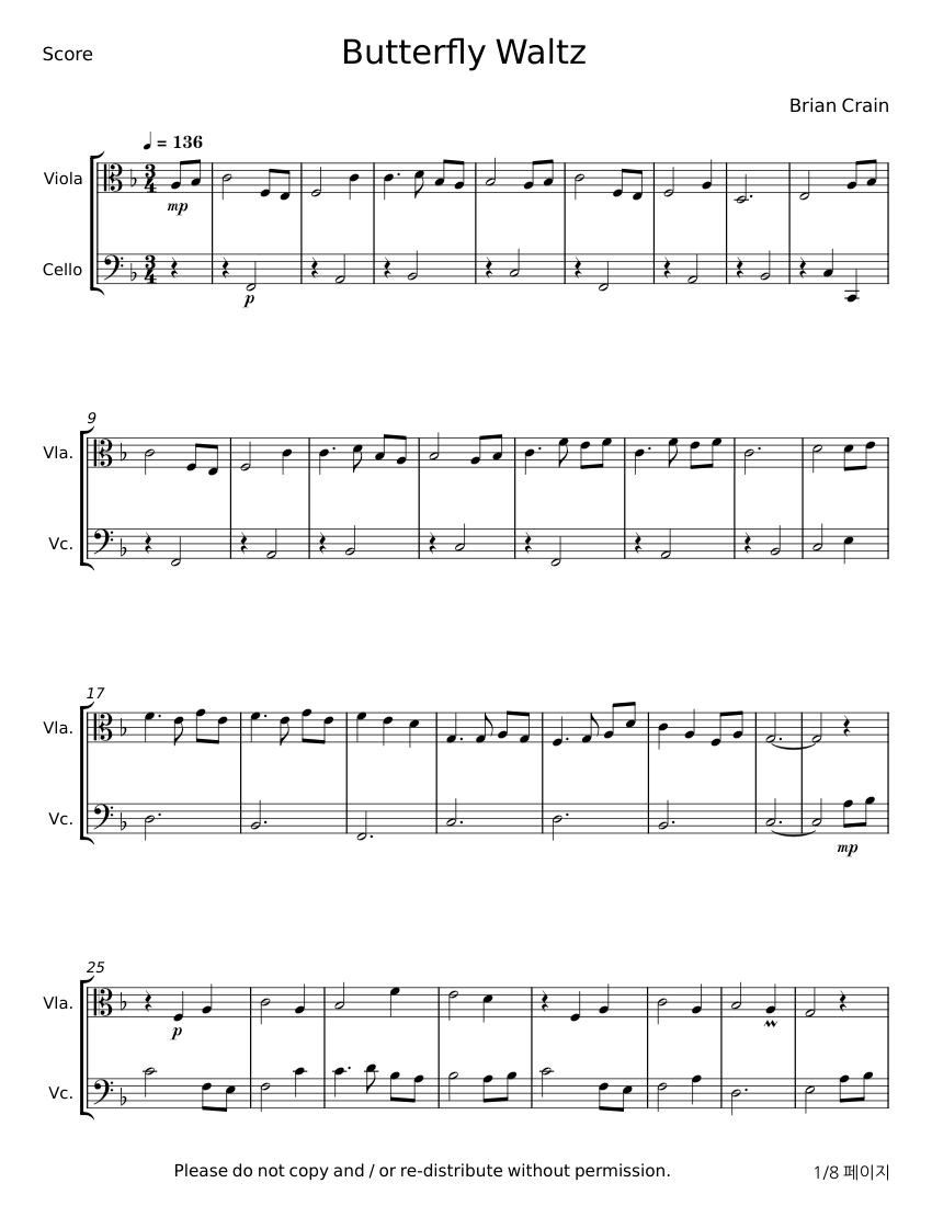 Butterfly Waltz - Brian Crain Sheet music for Viola, Cello (String Duet ...