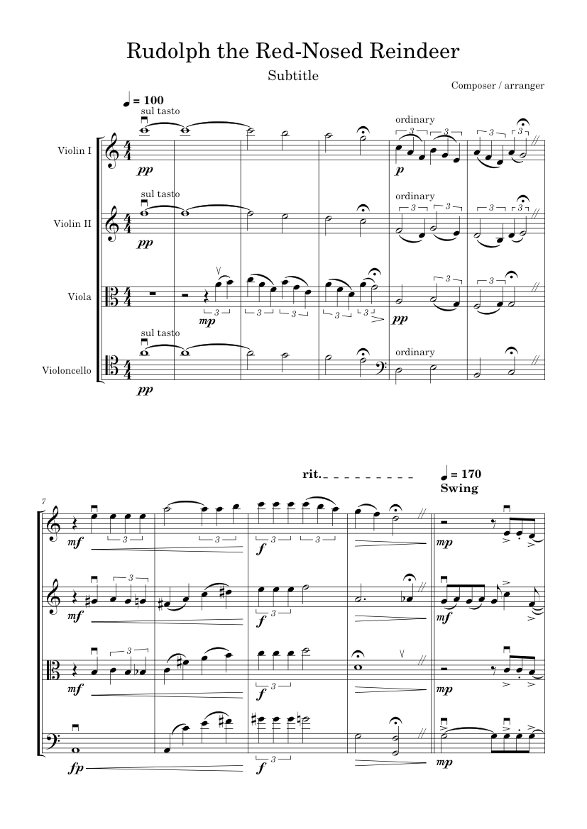 Rudolph the Red-Nosed Reindeer Sheet Music for Violin, Viola, Cello ...