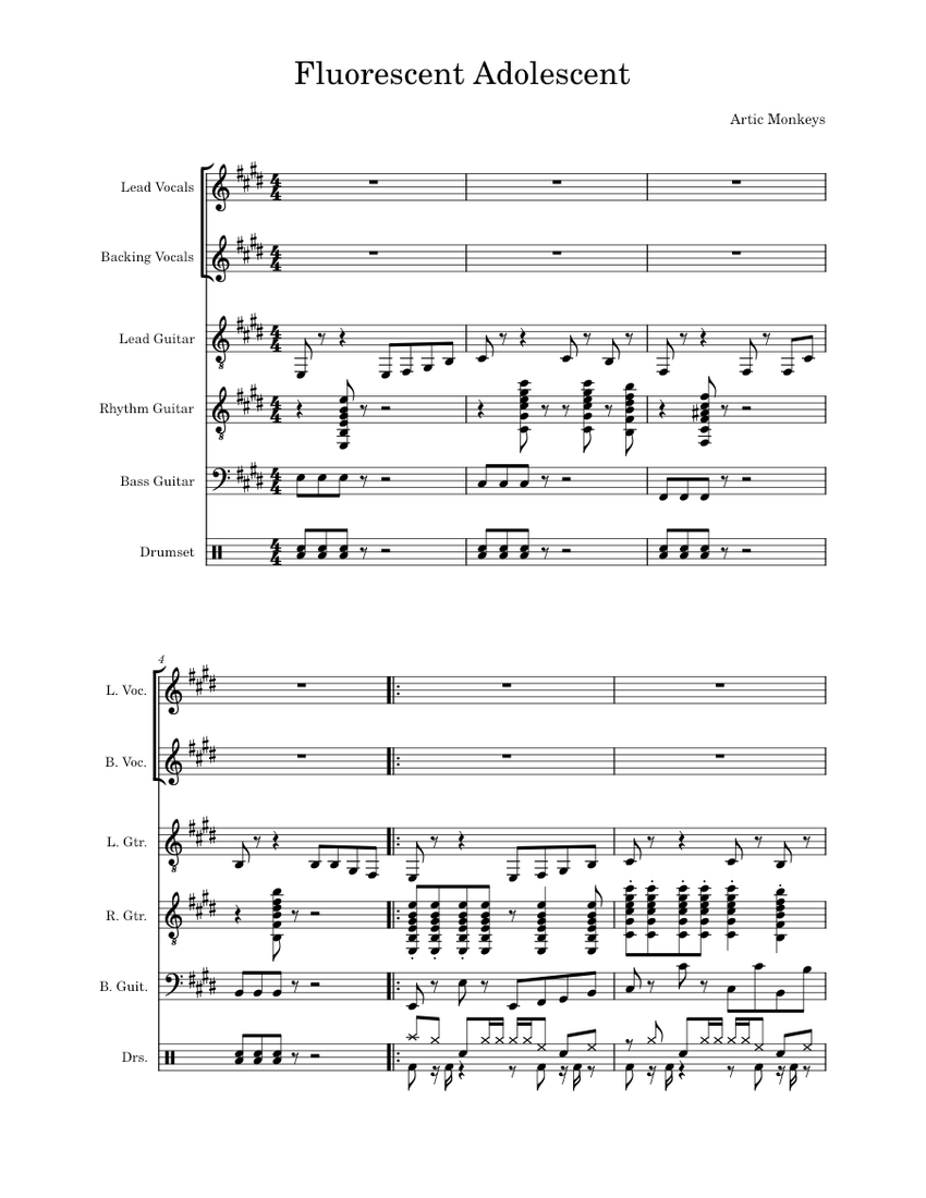 Fluorescent Adolescent Sheet music for Vocals, Guitar, Bass guitar ...