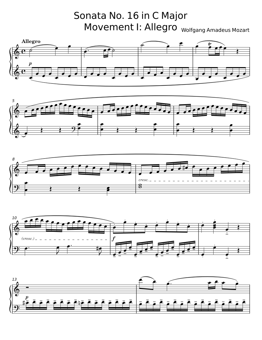 Sonata No. 16 in C major - Wolfgang Amadeus Mozart Sheet music for Piano (Solo) | Musescore.com
