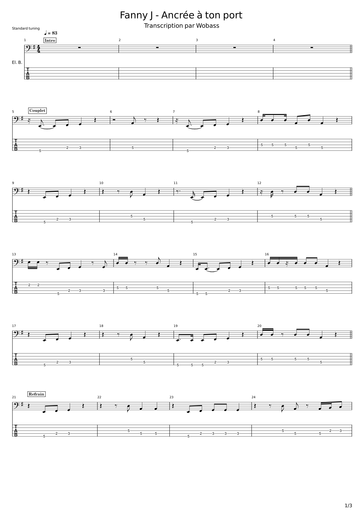 Ancrée à ton port - Fanny J Sheet Music and Tab for Bass guitar (Solo) | MuseScore.com