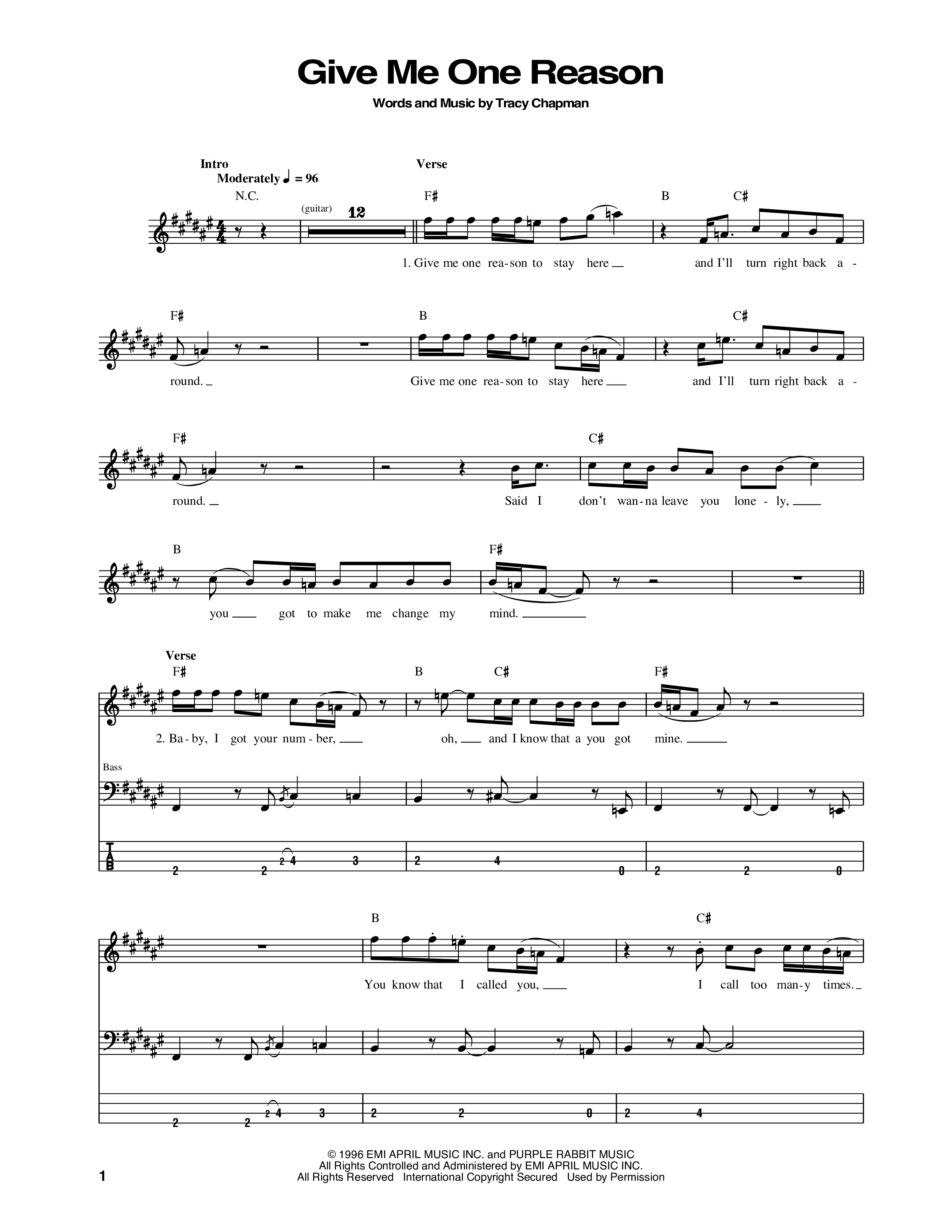 Play Official version of Give me one reason Sheet Music by Tracy ...