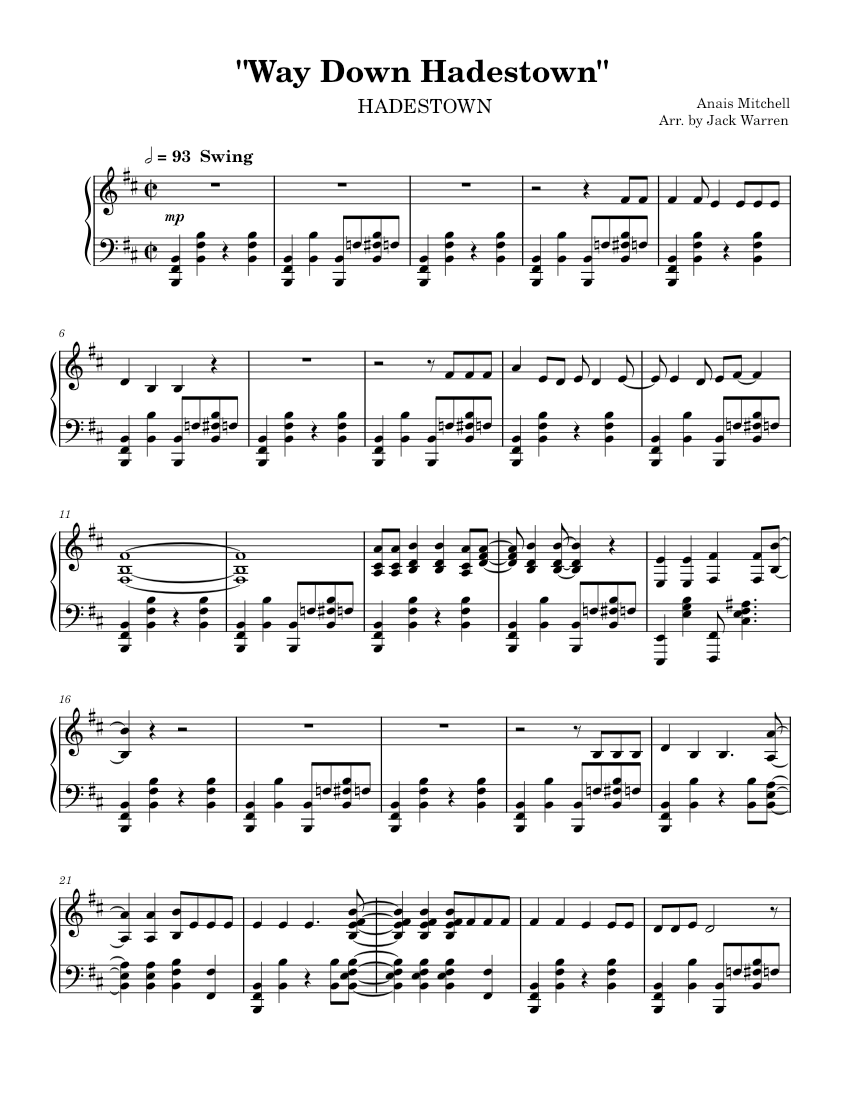 Way Down Hadestown (from Hadestown) – Anaïs Mitchell Sheet Music for ...