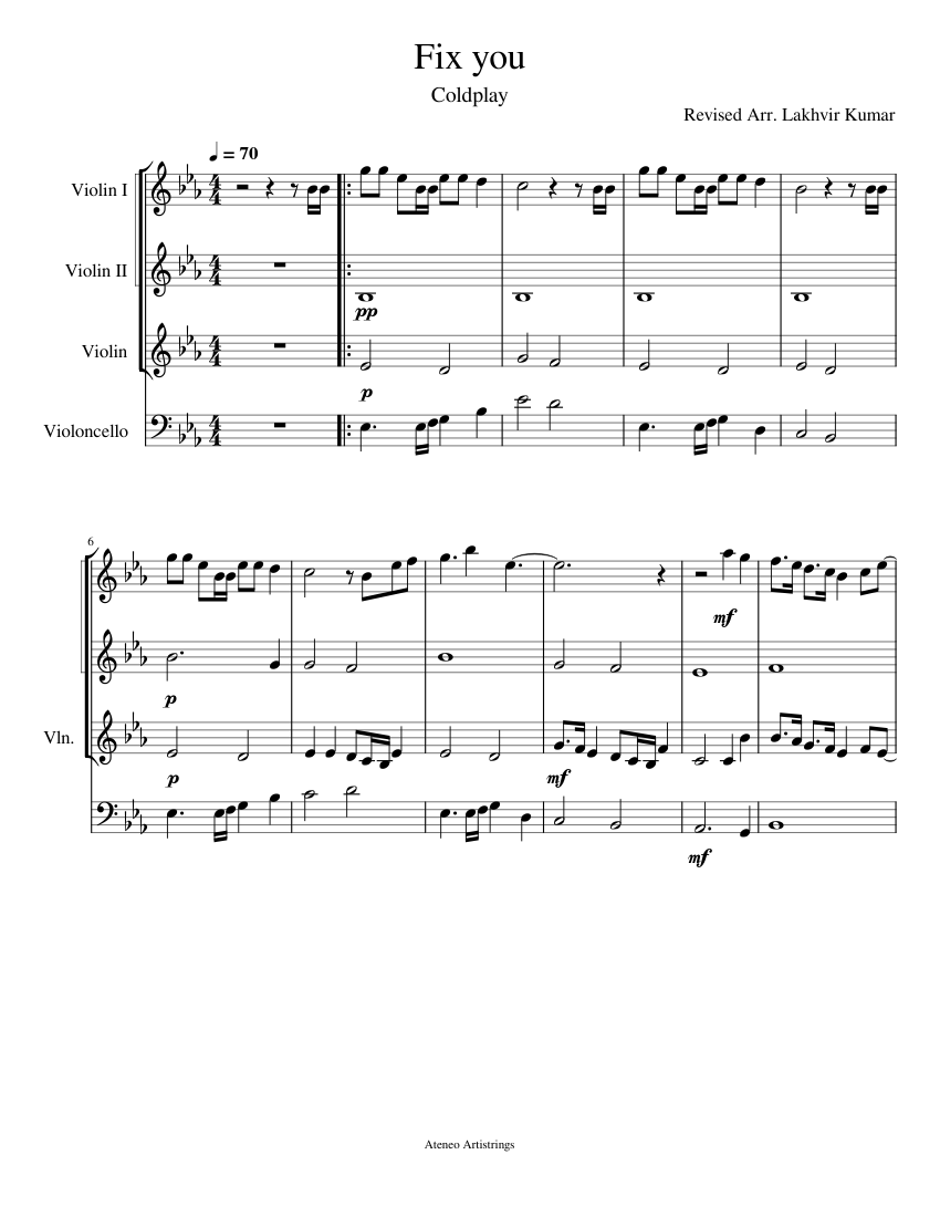 Fix You Sheet music for Violin, Cello (String Quartet) | Musescore.com