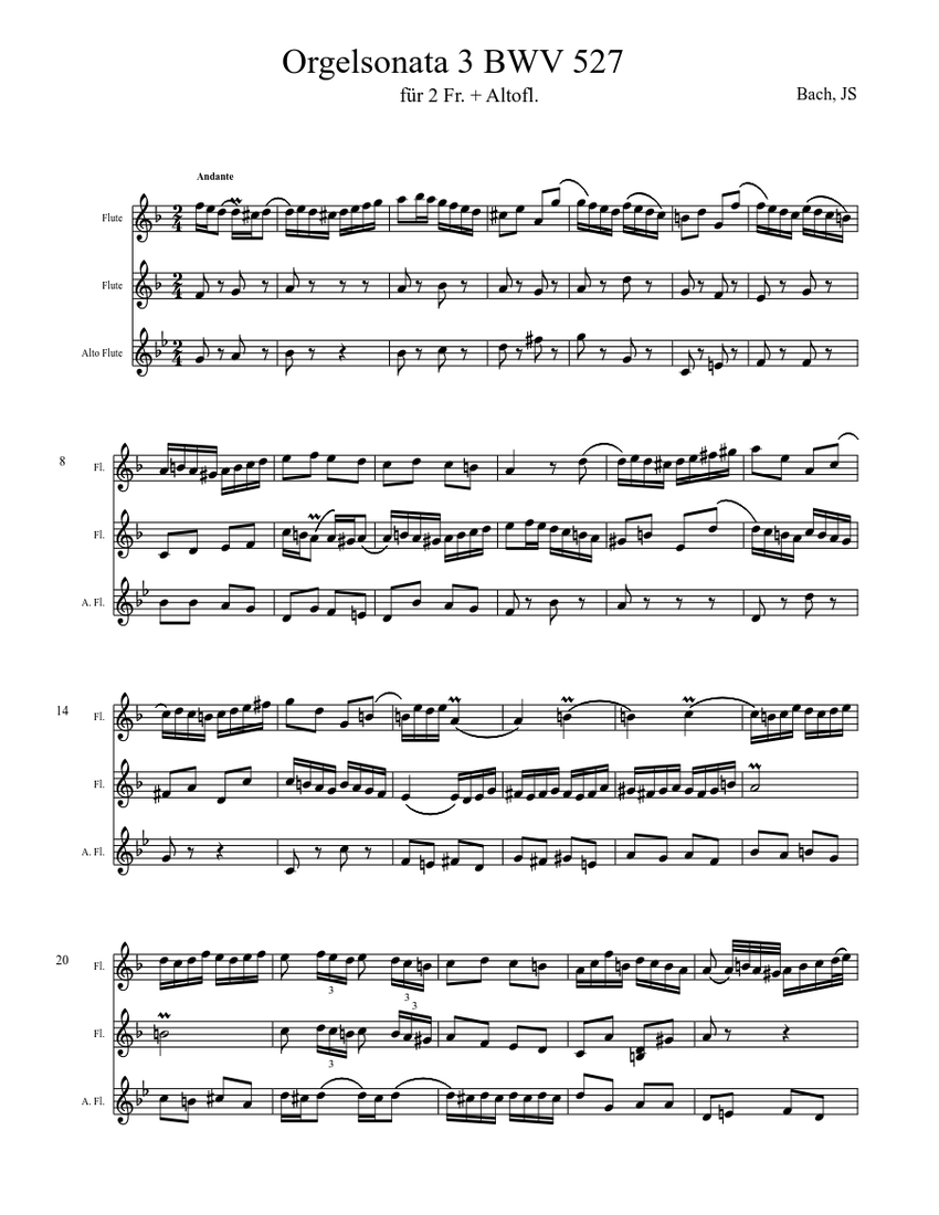 Bach JS Orgelsonate BWV 527 für 2 Fl + Altfl Sheet music for Flute (Woodwind Duet) | Musescore.com