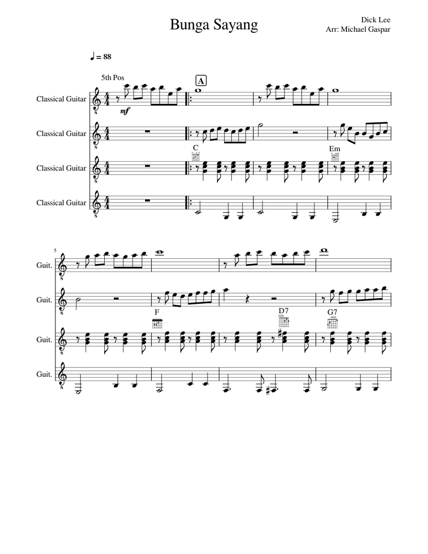 Bunga Sayang Sheet music for Guitar (Mixed Quartet) | Musescore.com
