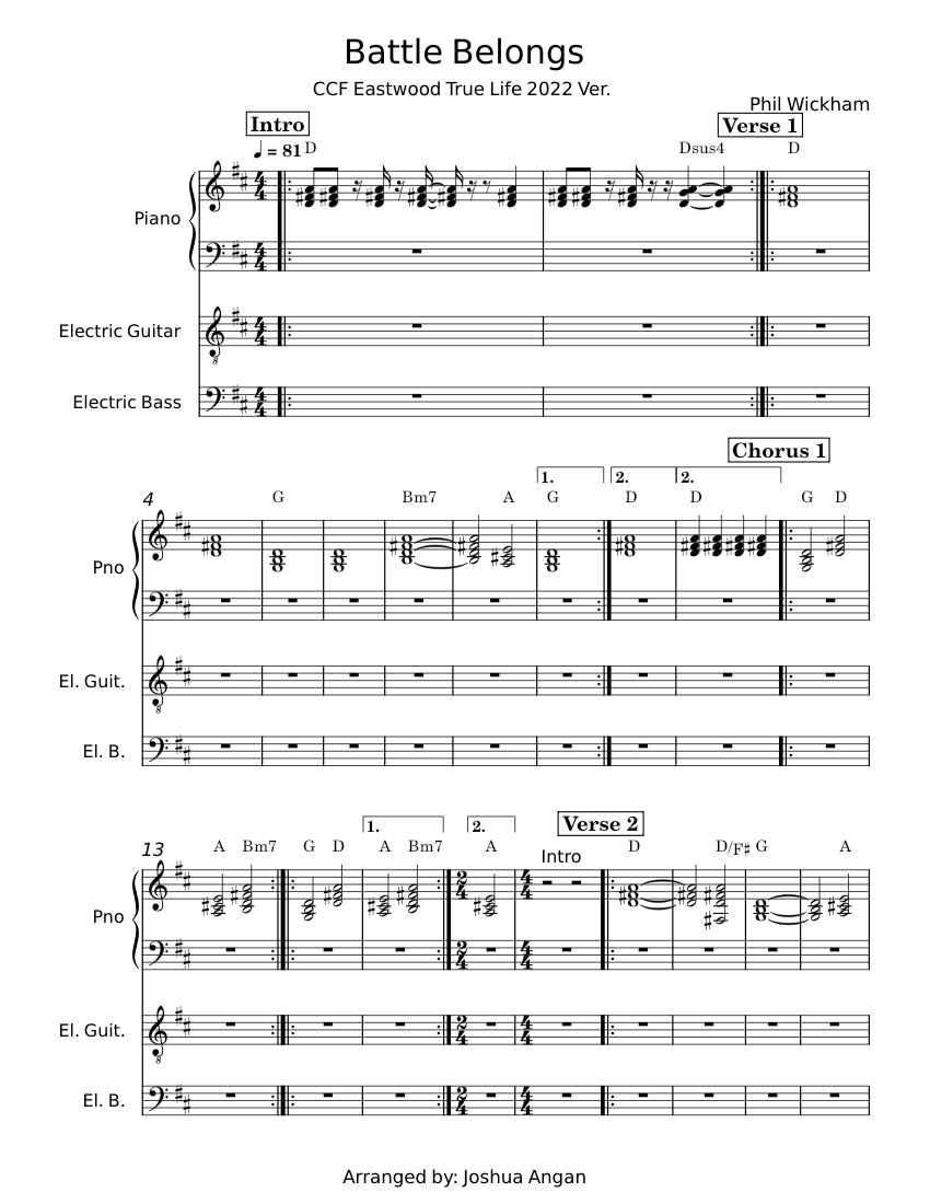 Battle Belongs - Phil Wickham Sheet Music for Piano, Guitar, Bass guitar (Mixed Quartet ...
